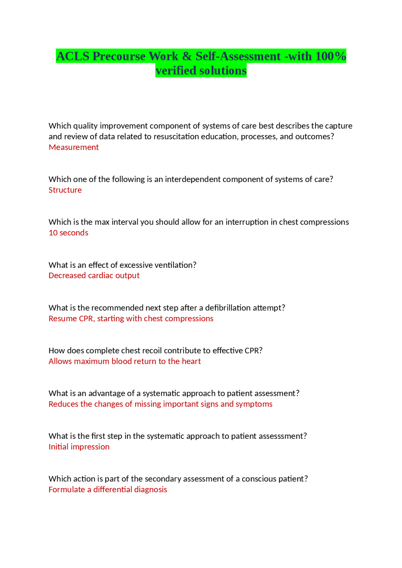 ACLS Precourse Work & Self-Assessment -with 100% verified solutions ...
