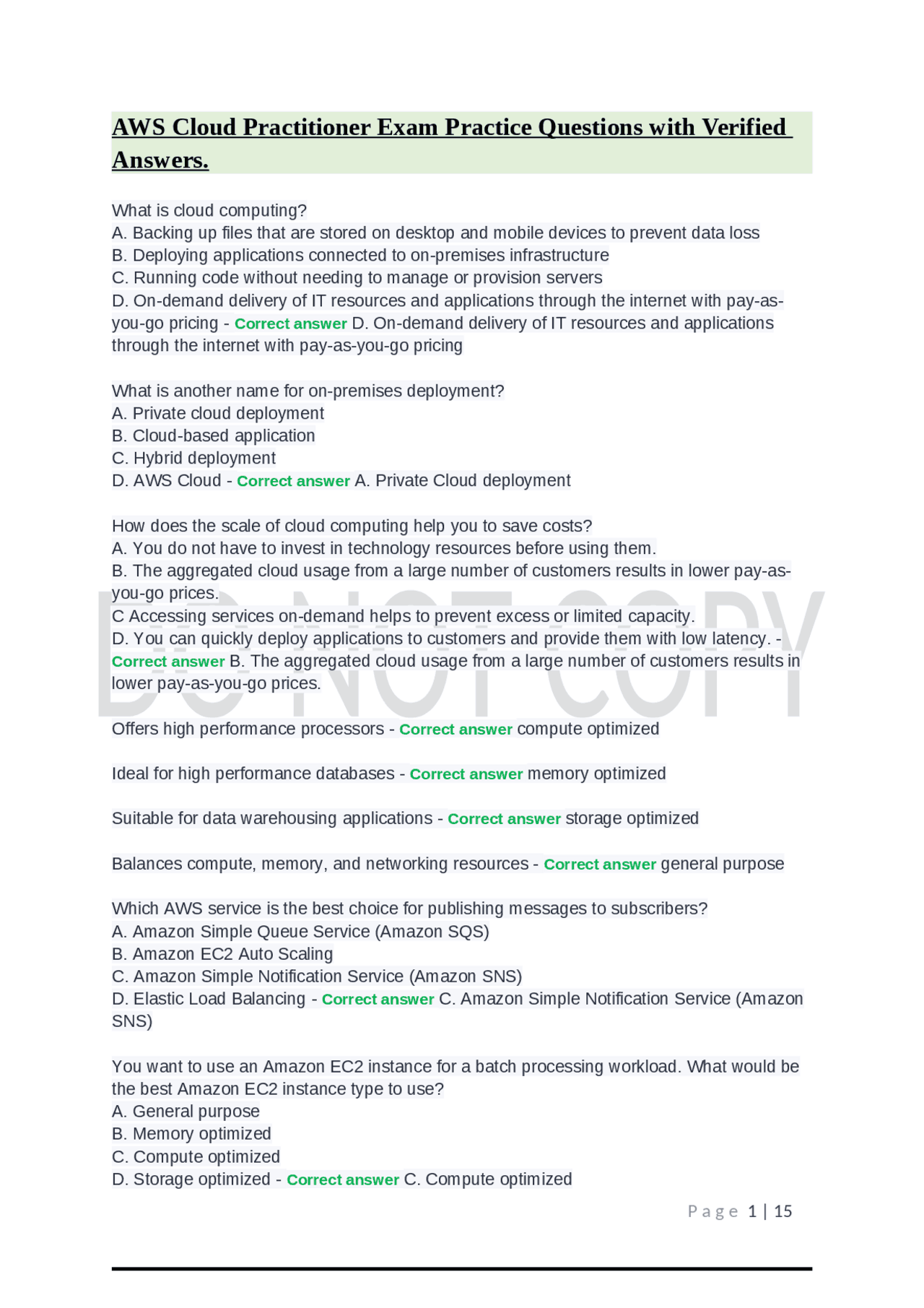 AWS Cloud Practitioner Exam Practice Questions with Verified Answers ...