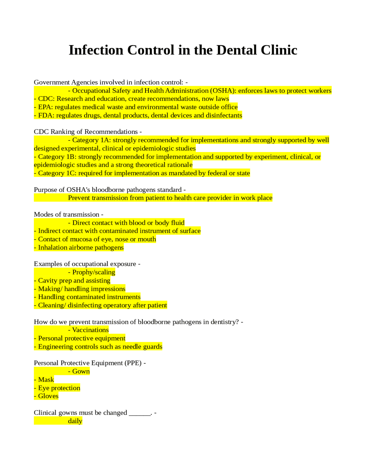 Infection Control in the Dental Clinic | Exams Dentistry | Docsity