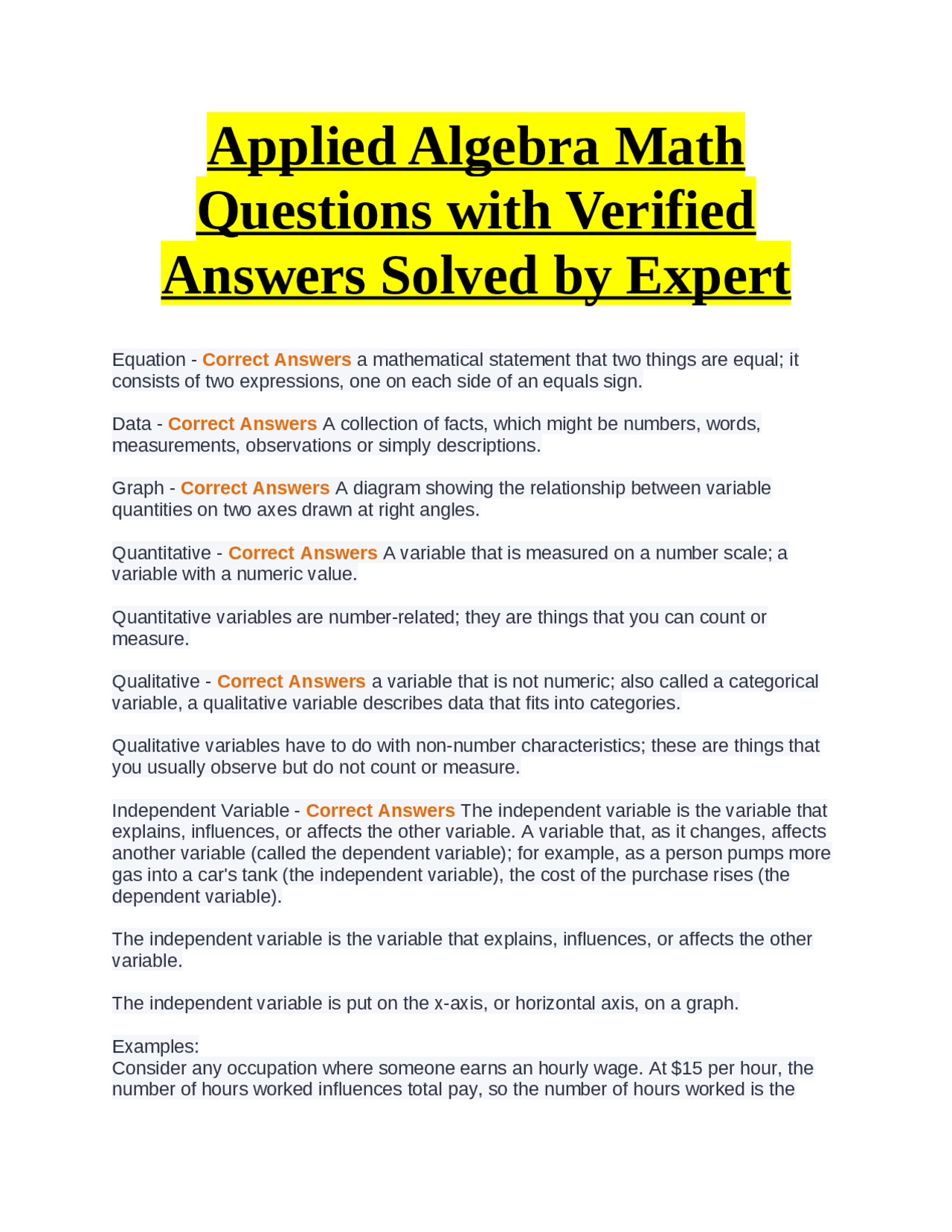 Applied Algebra Math Questions with Verified Answers Solved by Expert ...