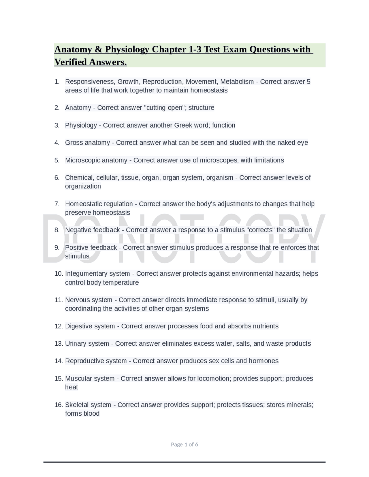 Anatomy & Physiology Chapter 1-3 Test Exam Questions with Verified ...