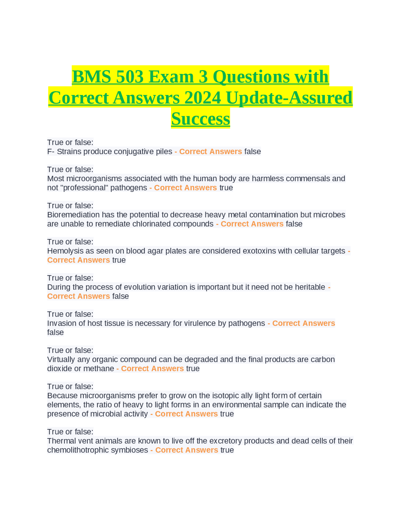 BMS 503 Exam 3 Questions with Correct Answers 2024 Update-Assured ...