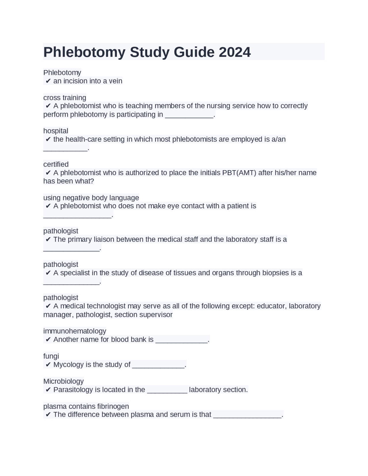 Phlebotomy Study Guide 2024 | Exams Medicine | Docsity