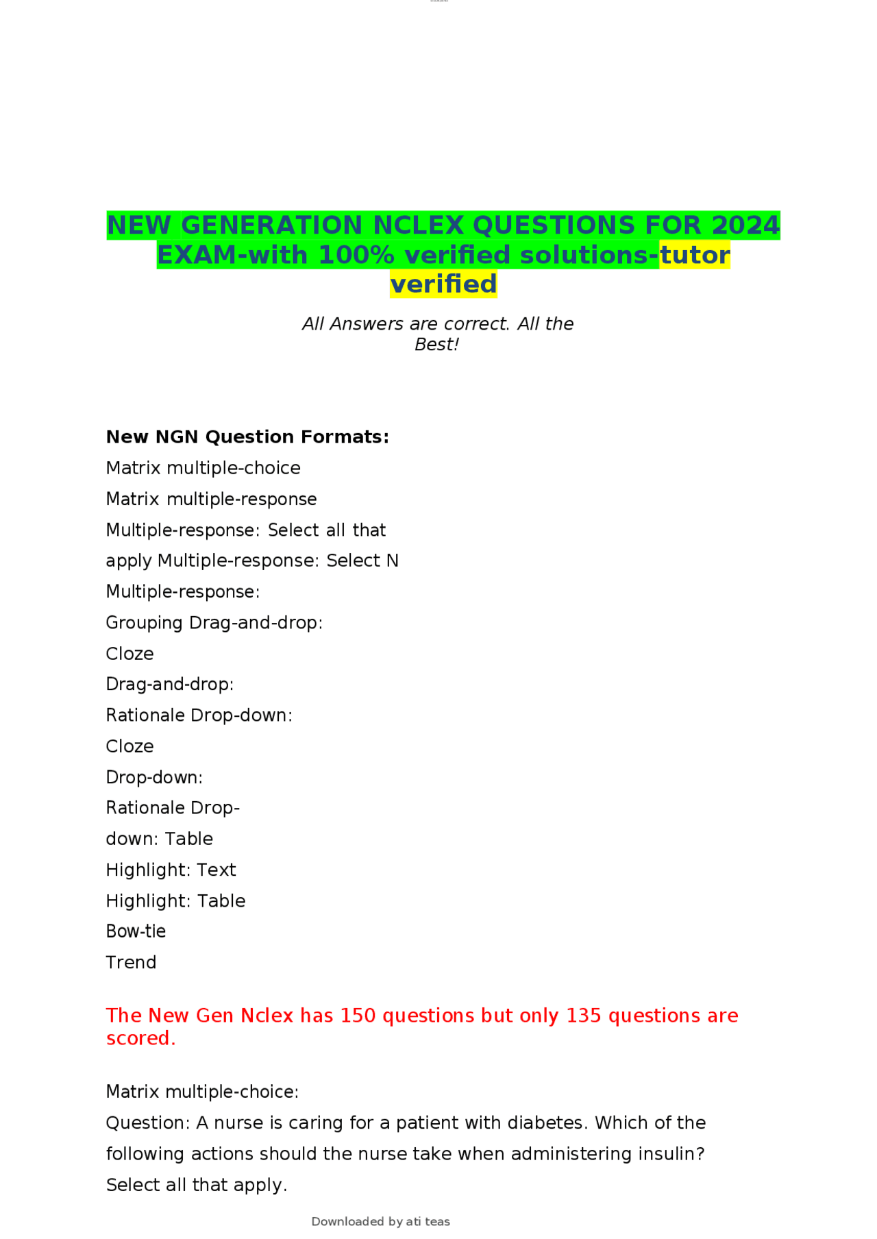 NEW GENERATION NCLEX QUESTIONS FOR 2024 EXAM-with 100% verified ...