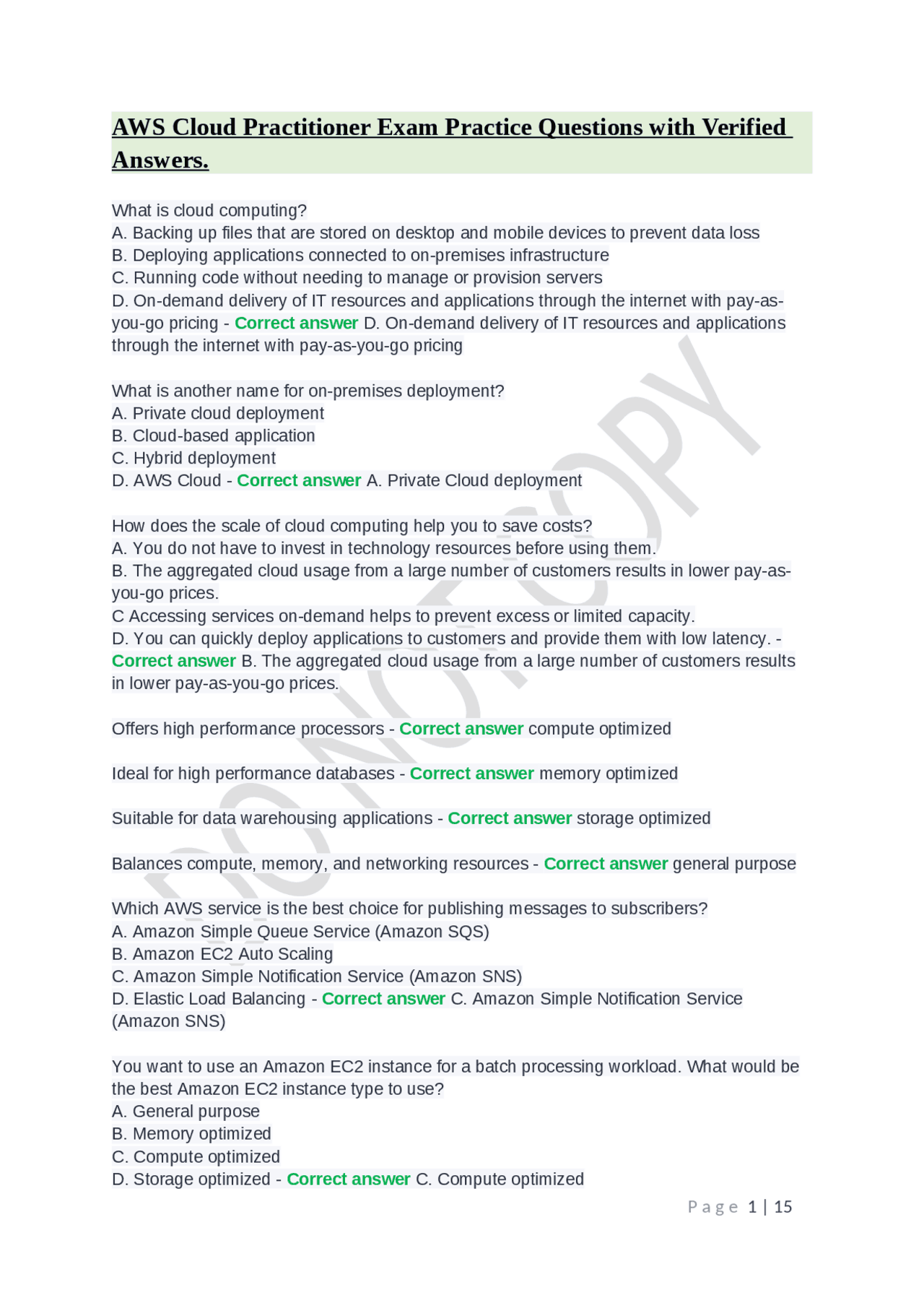 AWS Cloud Practitioner Exam Practice Questions with Verified Answers ...