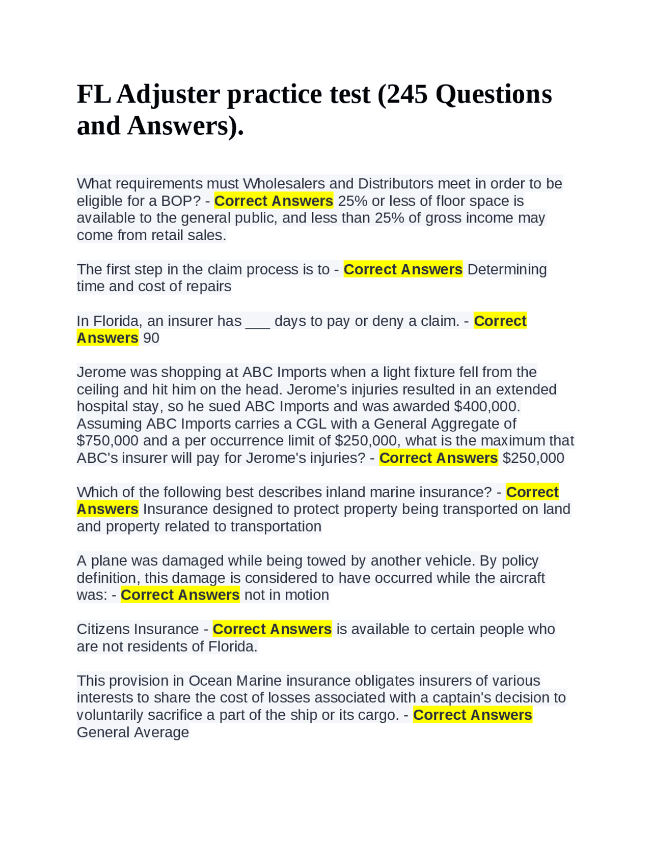 FL Adjuster Practice Test: Questions and Answers for Insurance ...