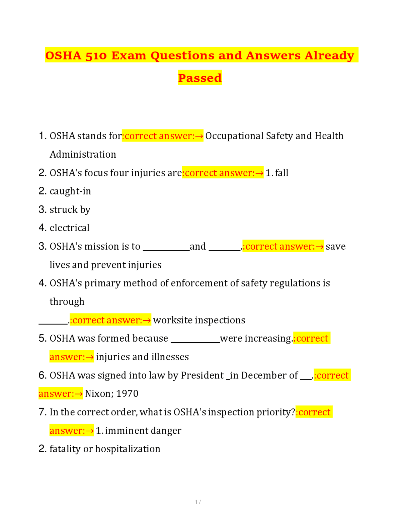 OSHA 510 Exam Questions and Answers Already Passed | Exams Nursing ...