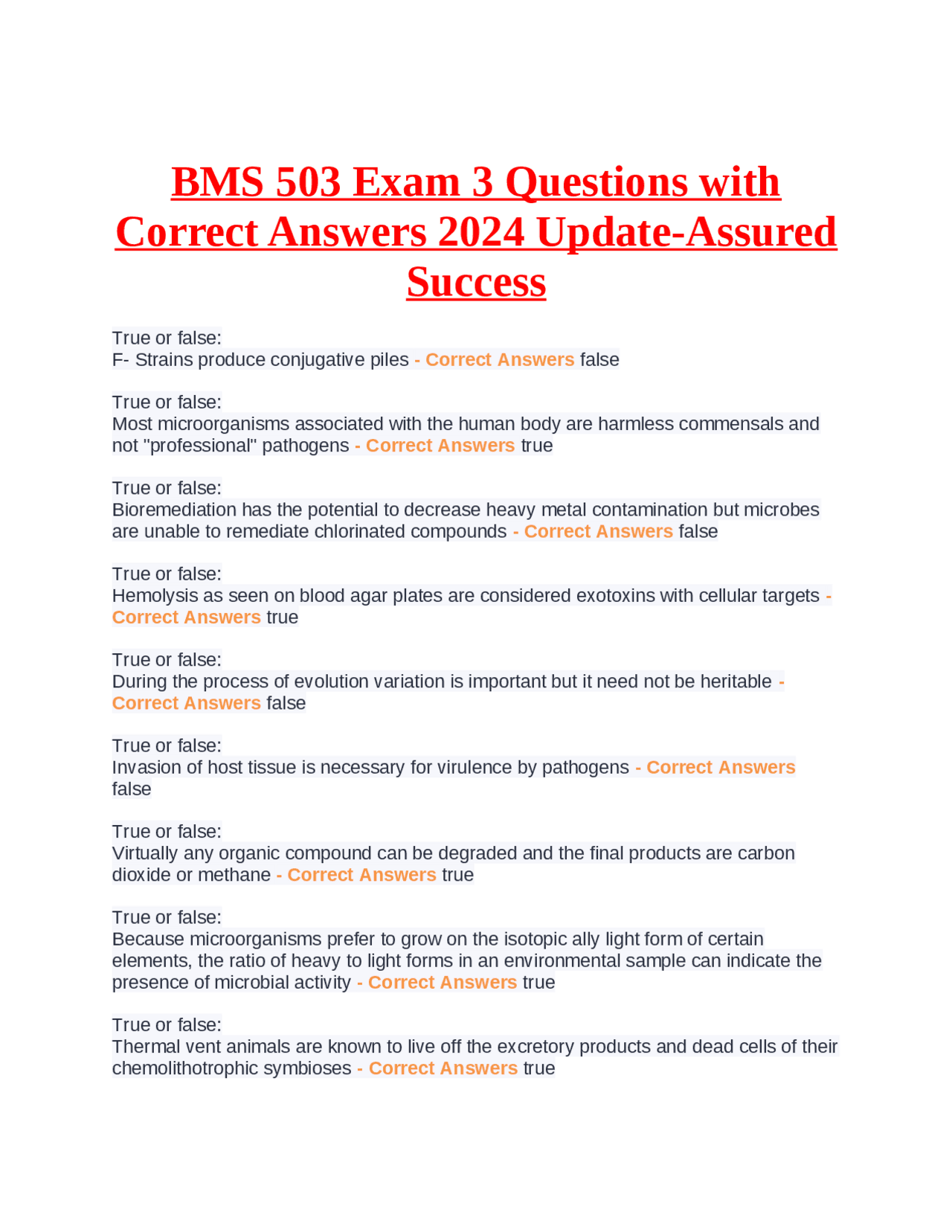BMS 503 Exam 3 Questions with Correct Answers 2024 Update-Assured ...