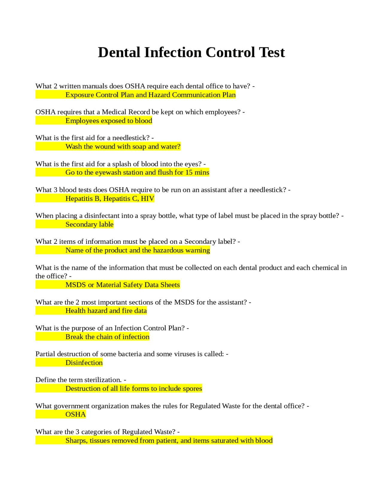 Dental Infection Control Test. | Exams Dentistry | Docsity