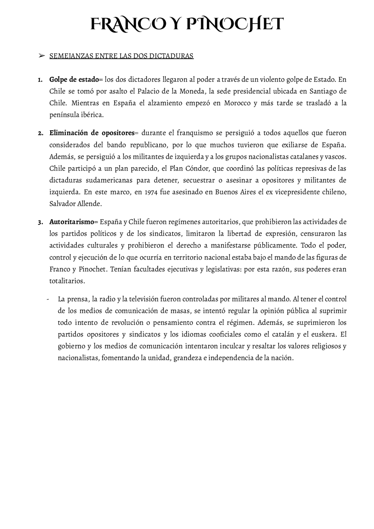 Comparacion entre Franco y Pinochet | Dispense di Spagnolo | Docsity