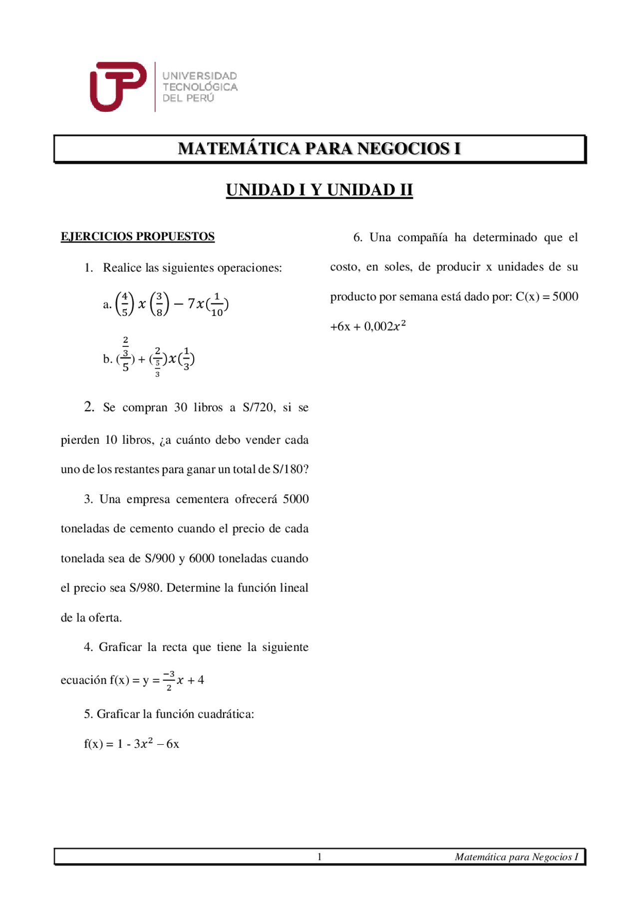 Matemática para Negocios I: Ejercicios Propuestos de las Unidades I y II | Ejercicios de Derecho ...