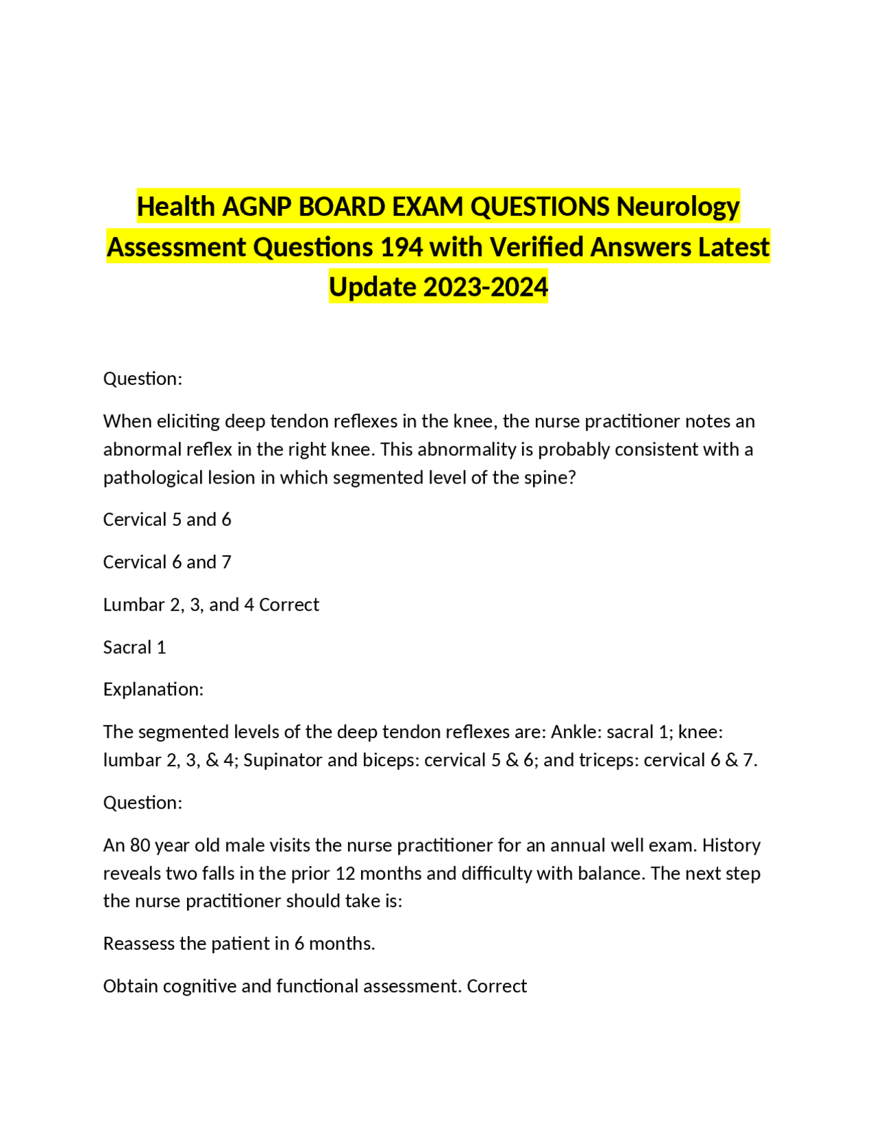 Health AGNP BOARD EXAM QUESTIONS Neurology Assessment Questions 194 ...