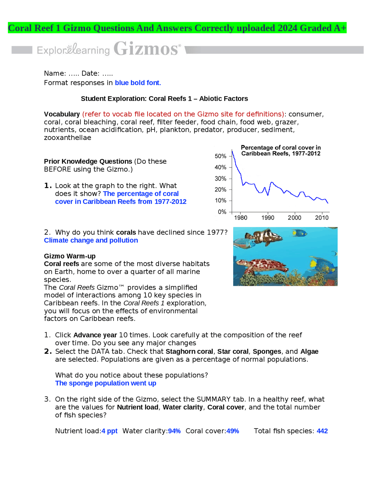 Coral Reef 1: Abiotic Factors - Gizmo Questions and Answers | Exams ...