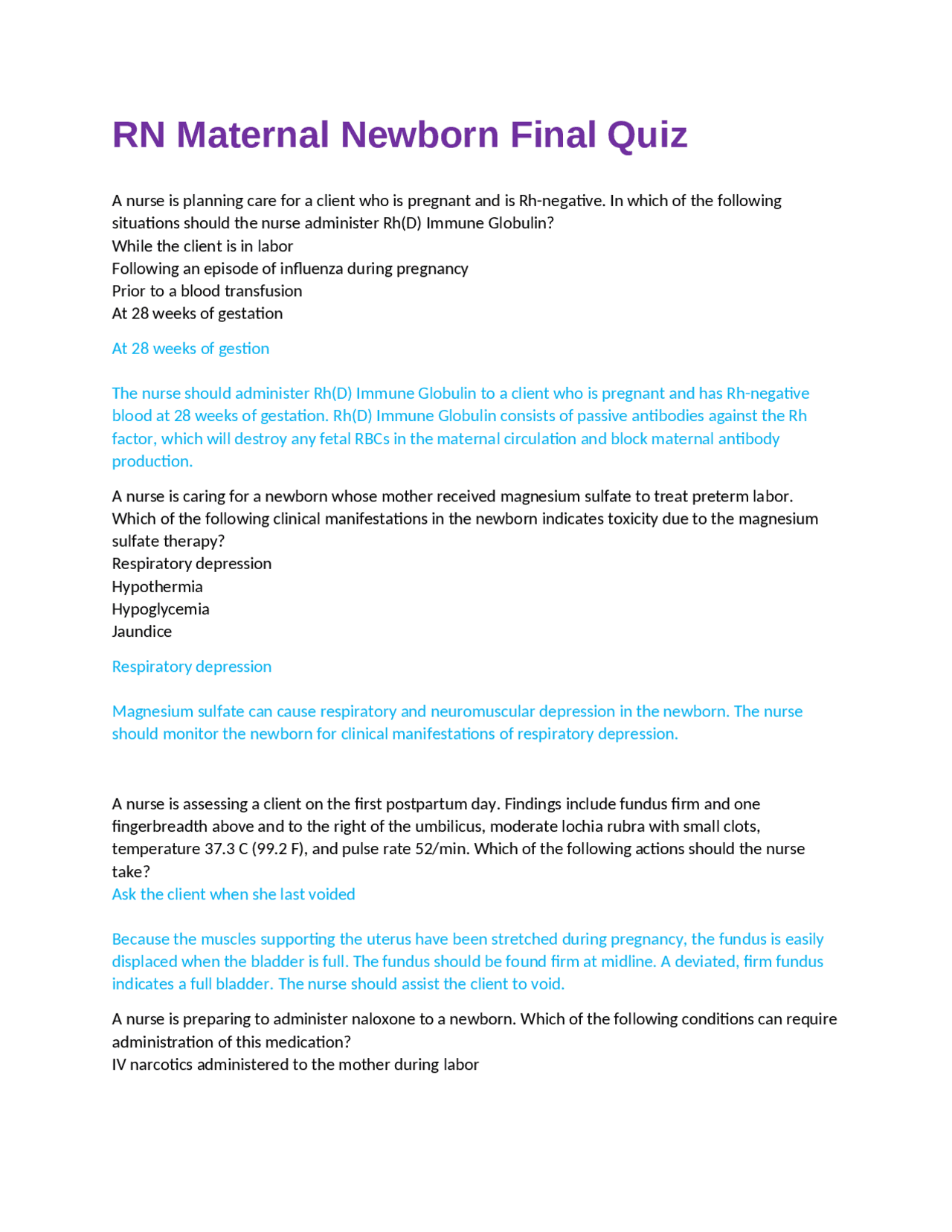 RN Maternal Newborn Final Quiz: Answers and Explanations | Exams ...
