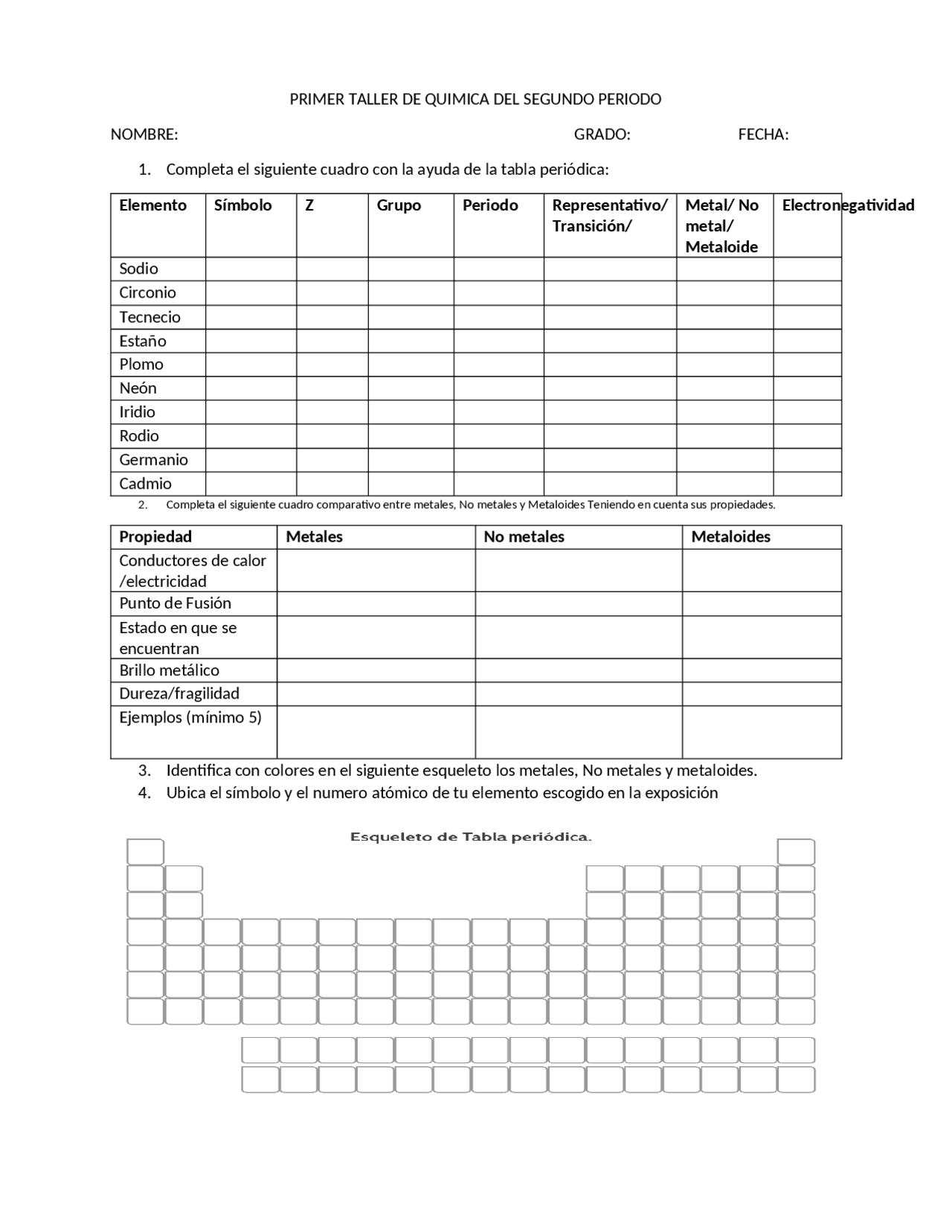 Taller de metales y no metales | Ejercicios de Química | Docsity