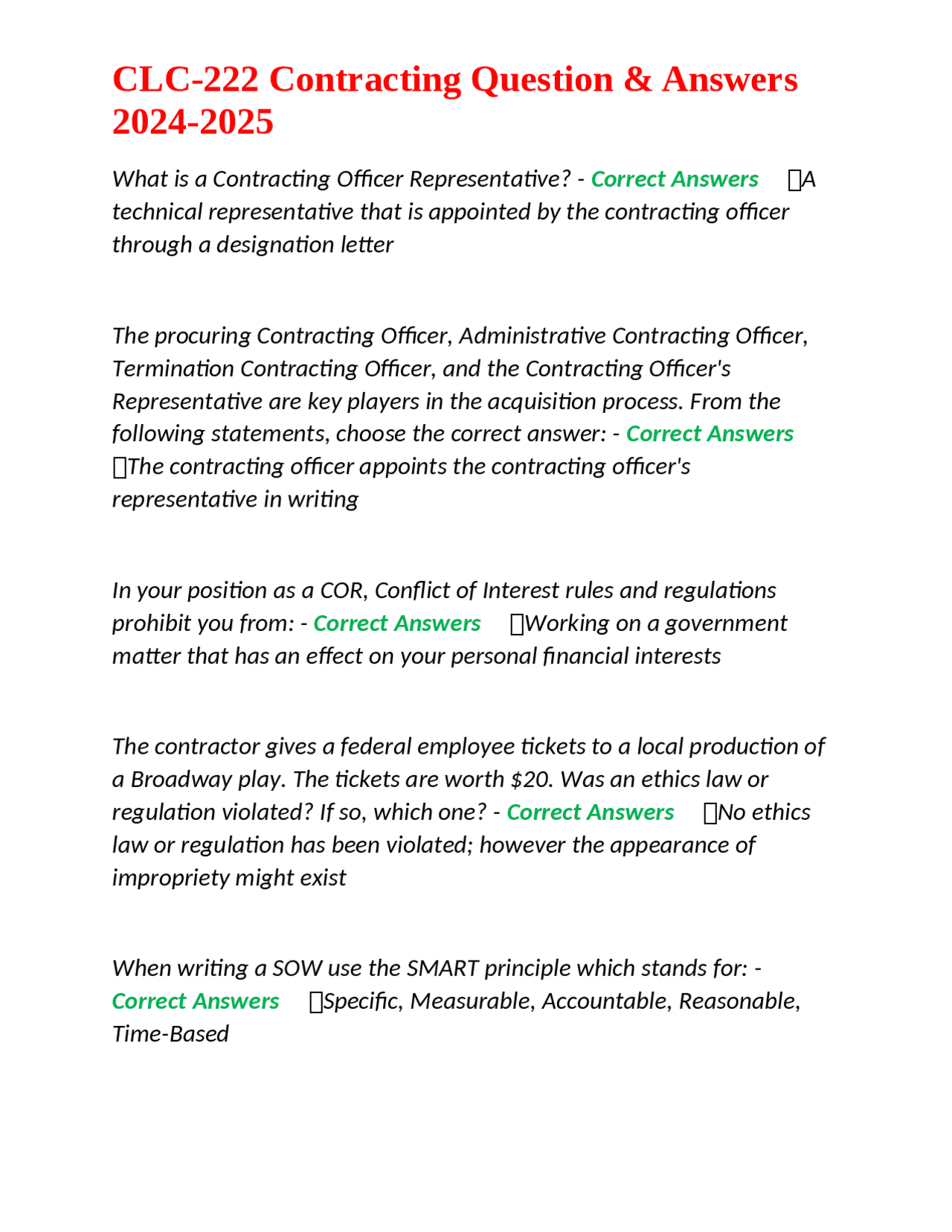 CLC-222 Contracting Question & Answers 2024-2025 | Exams Nursing | Docsity