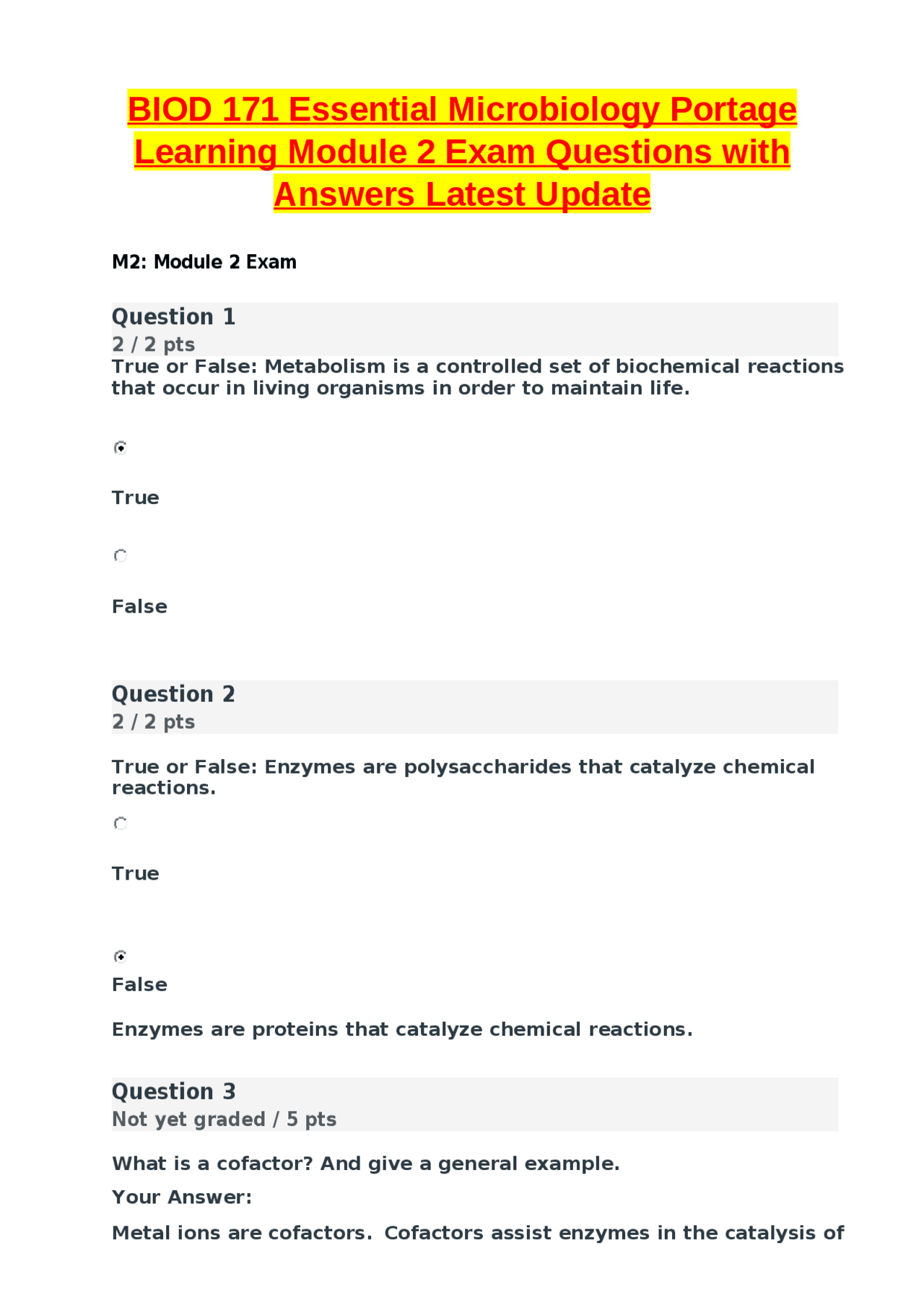 BIOD 171 Essential Microbiology Portage Learning Module 2 Exam ...