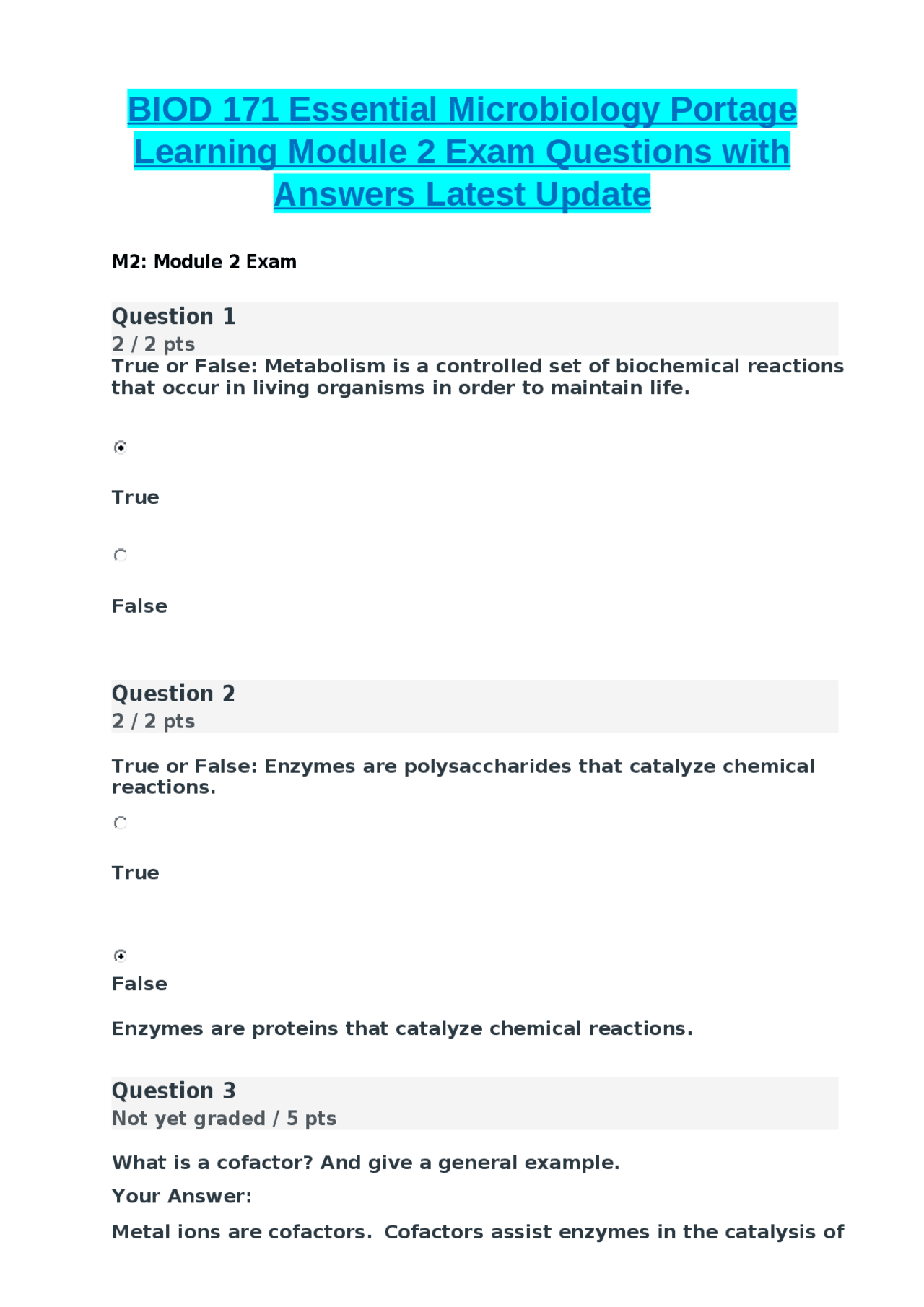 BIOD 171 Essential Microbiology Portage Learning Module 2 Exam ...