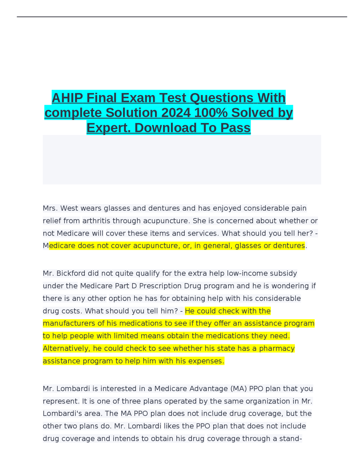 AHIP Final Exam Test Questions With complete Solution 2024 100% Solved ...