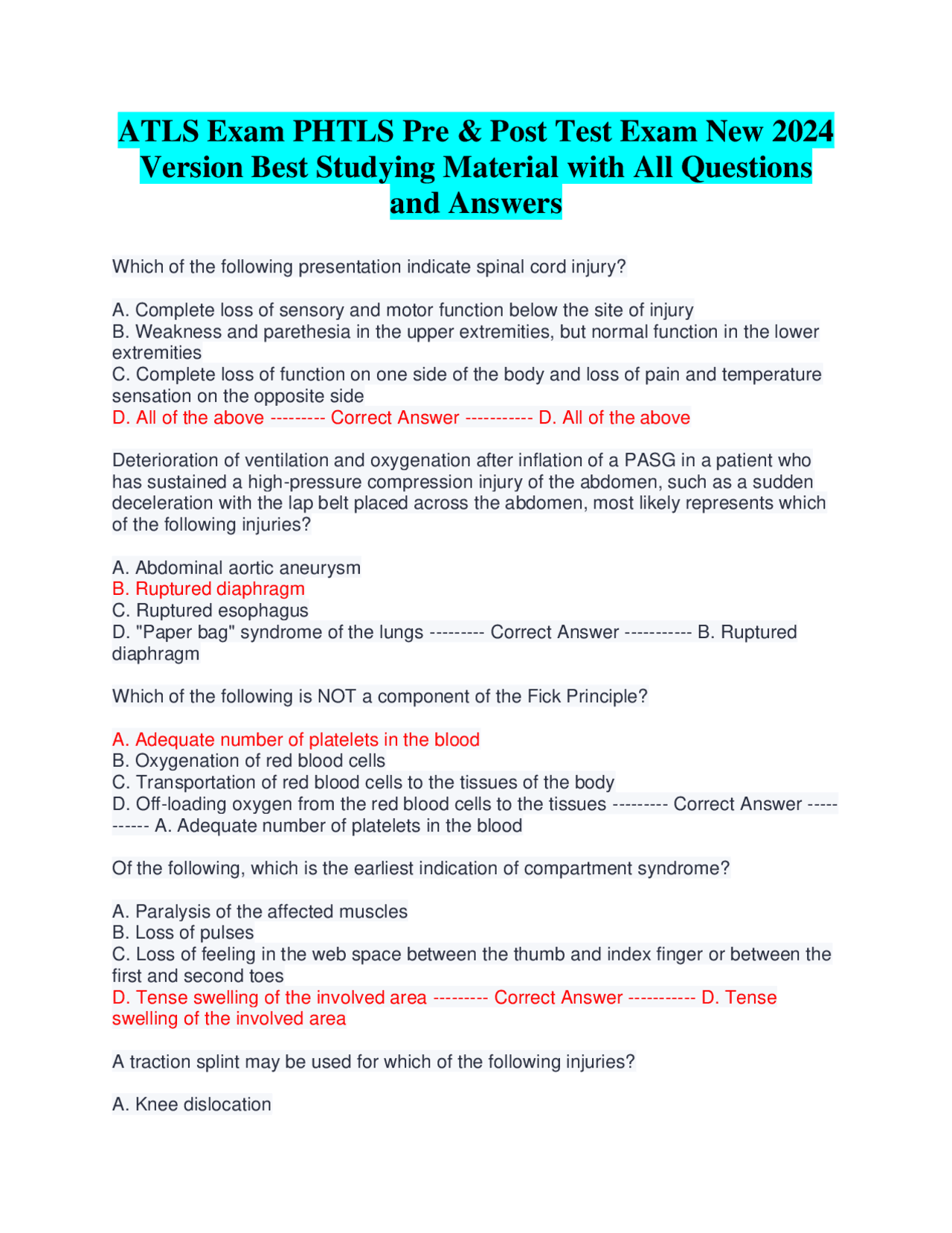 ATLS Exam PHTLS Pre & Post Test Exam New 2024 Version Best Studying ...