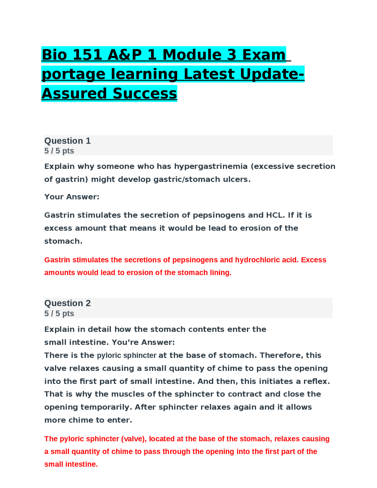 Bio 151 A&P 1 Module 3 Exam portage learning Latest Update-Assured ...