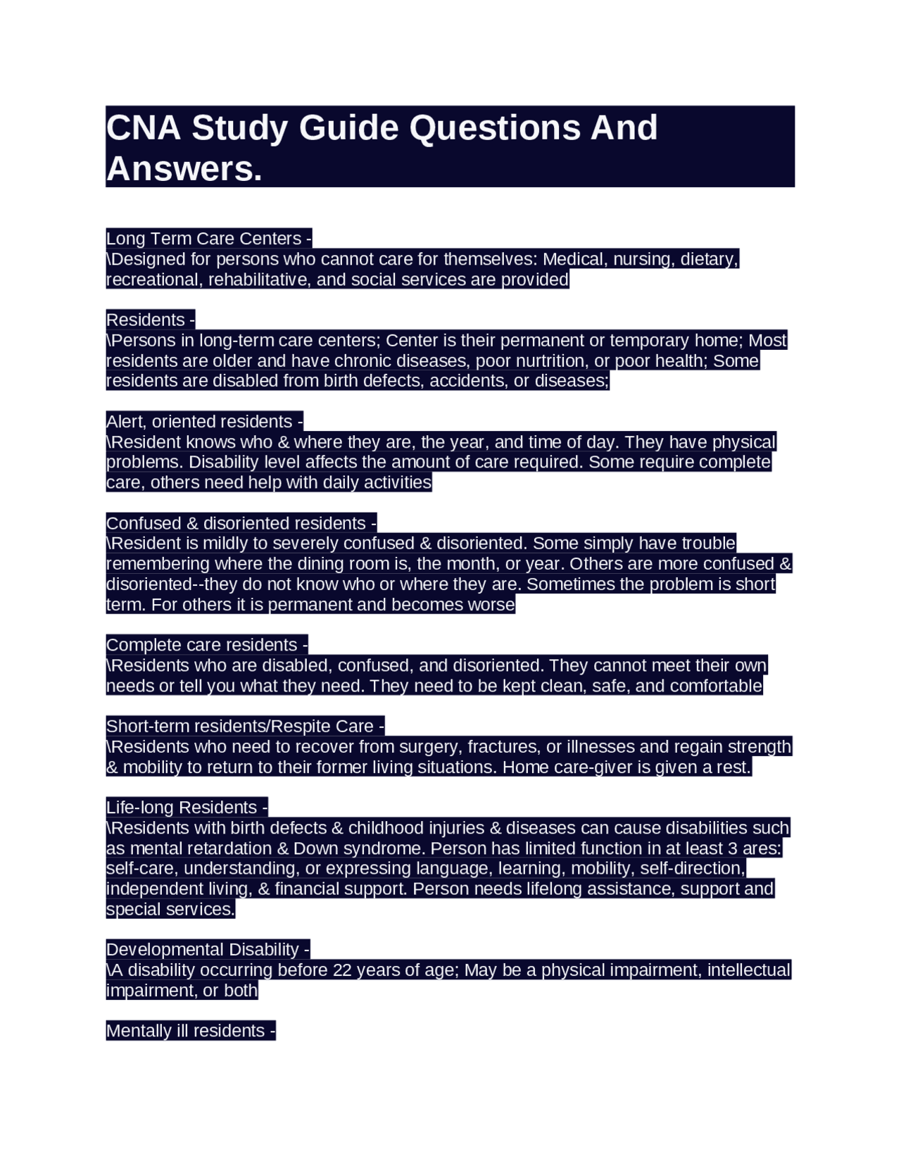CNA Study Guide Questions And Answers. | Exams Medicine | Docsity