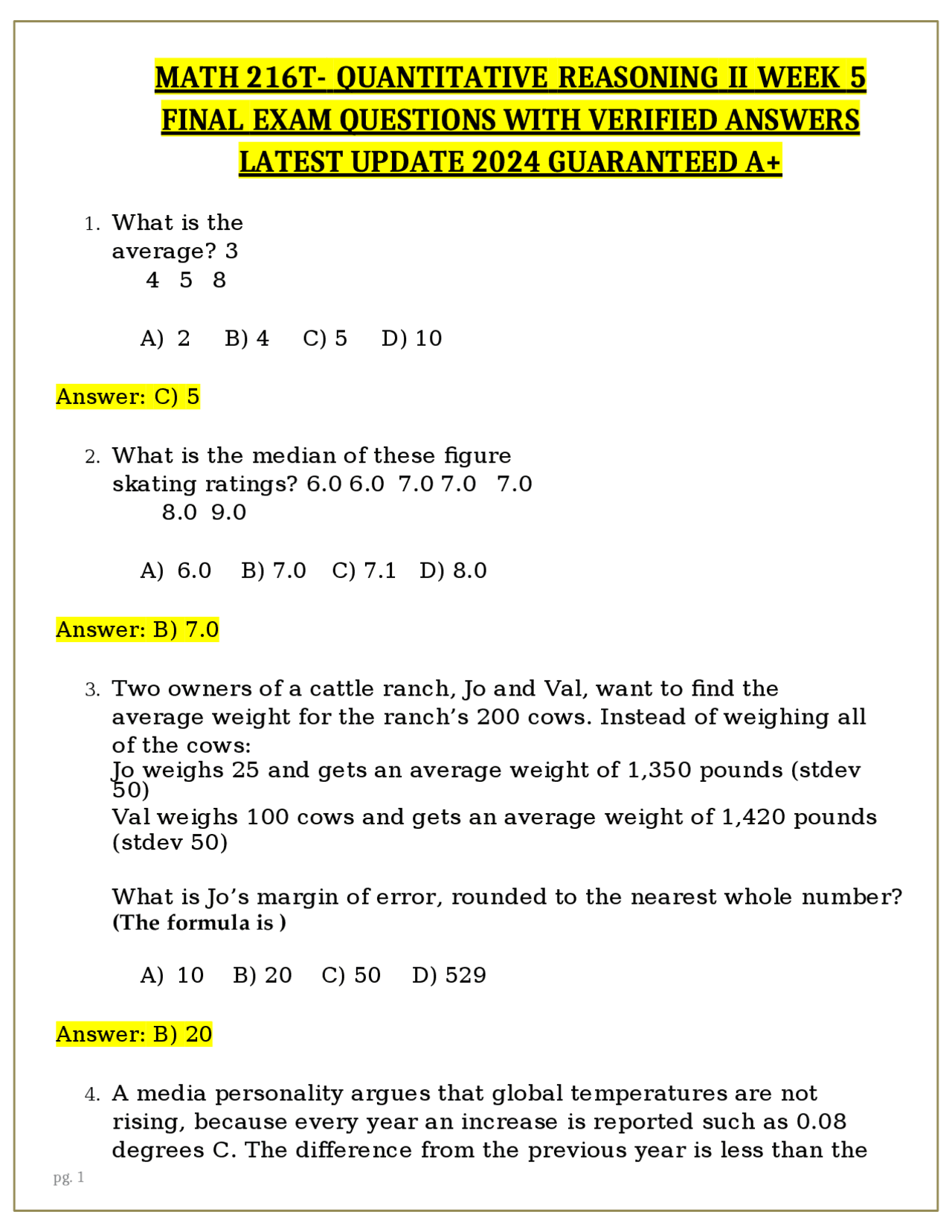 MATH 216T- QUANTITATIVE REASONING II WEEK 5 FINAL EXAM QUESTIONS WITH ...