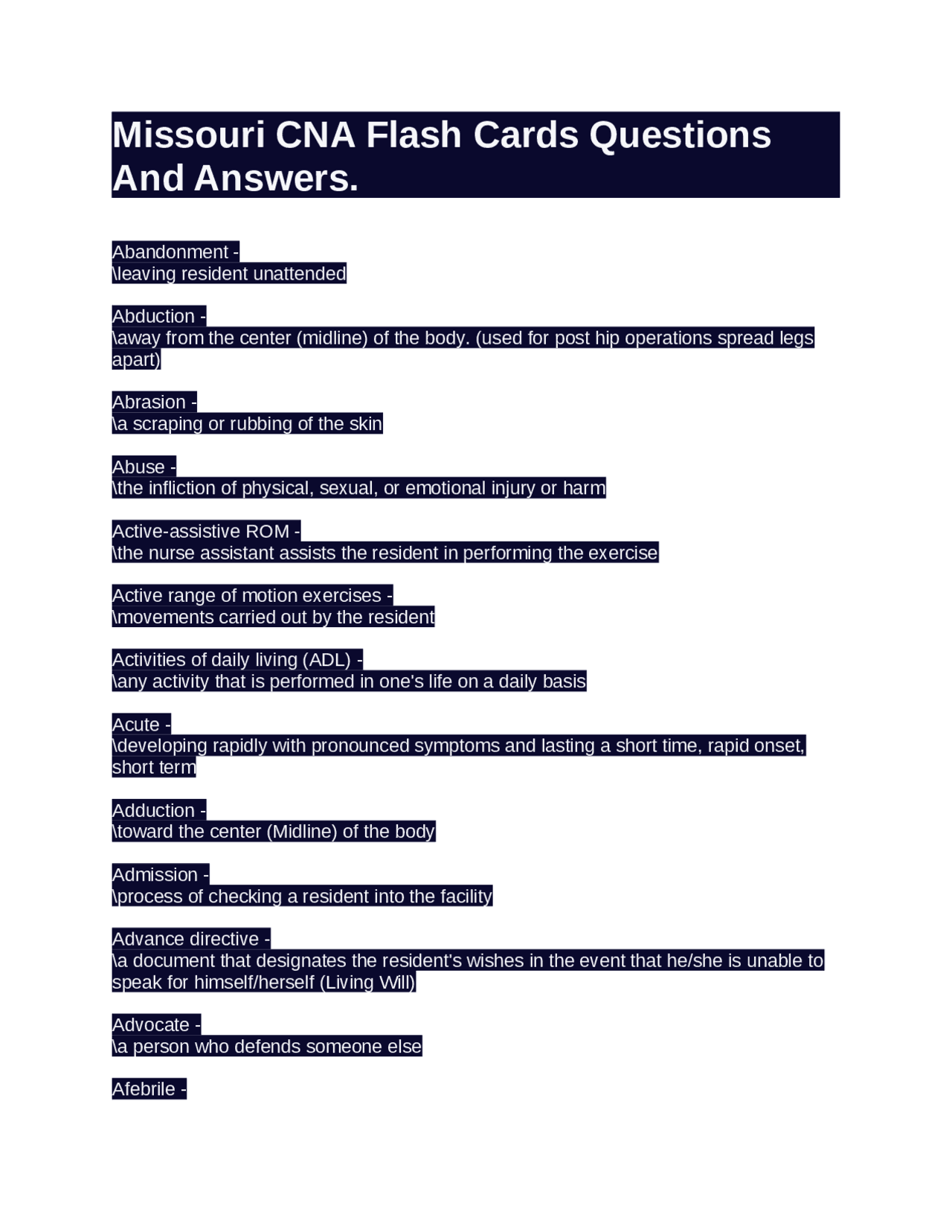 Missouri CNA Flash Cards Questions And Answers. | Exams Medicine | Docsity