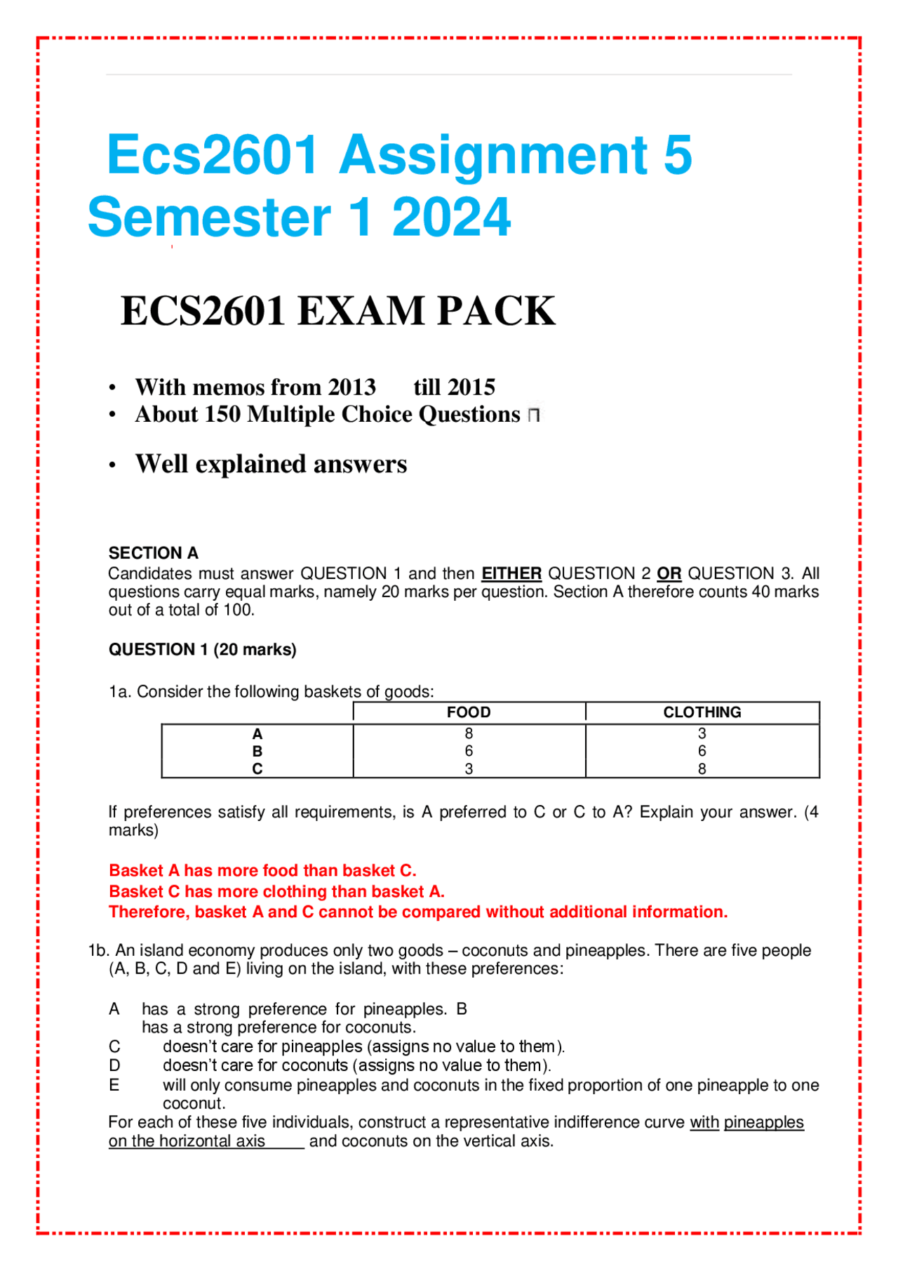 Ecs2601 Assignment 5 Semester 1 2024 | Exams Microeconomics | Docsity