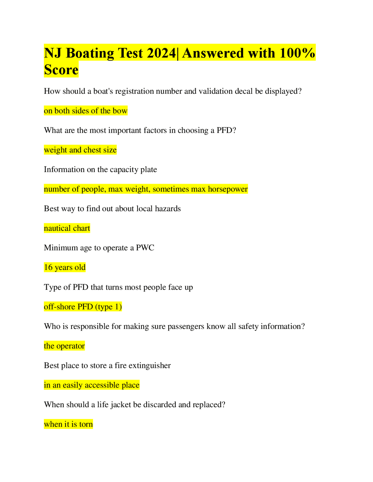 NJ Boating Test 2024| Answered with 100% Score | Exams Water Resources ...