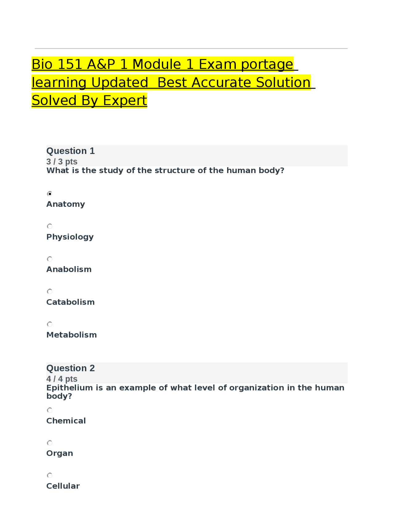 Bio 151 A&P 1 Module 1 Exam portage learning Updated Best Accurate ...