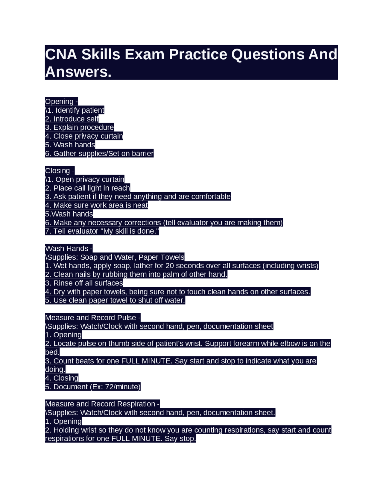 Cna Skills Exam Practice Questions And Answers Exams Nursing Docsity