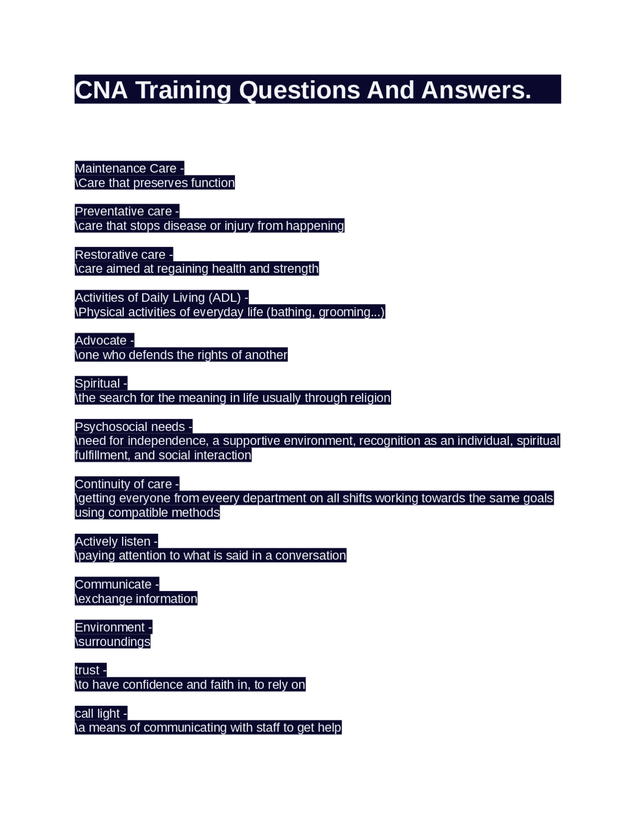 CNA Training Questions And Answers. | Exams Nursing | Docsity