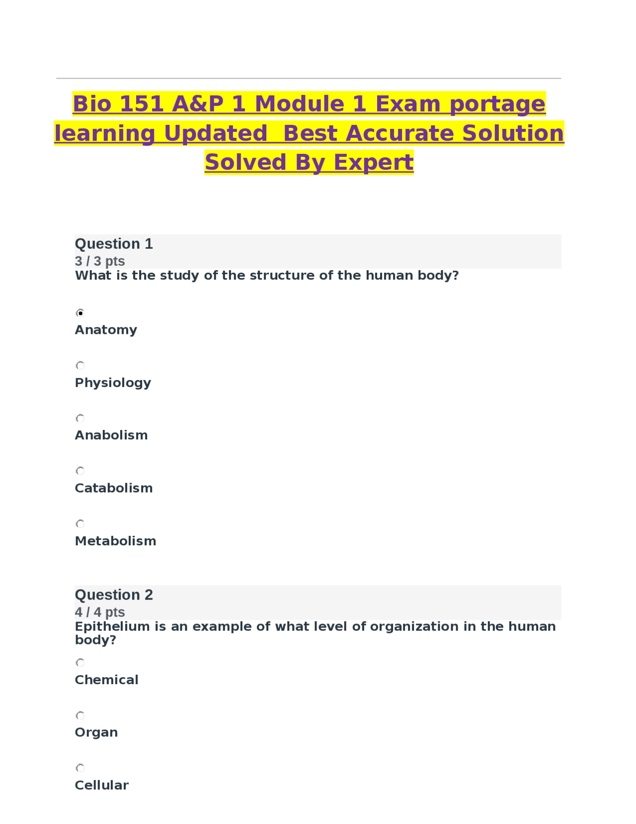 Bio 151 A&P 1 Module 1 Exam portage learning Updated Best Accurate ...