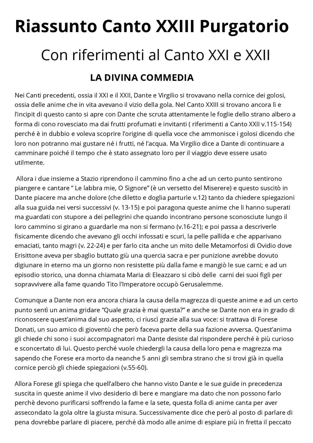 Riassunto canto 23 purgatorio | Sintesi del corso di Italiano | Docsity