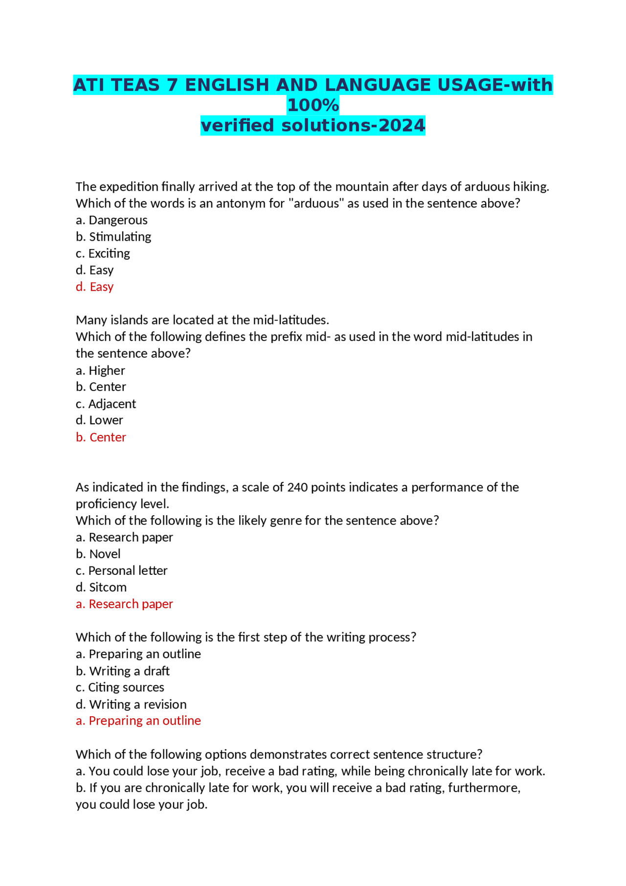 ATI TEAS 7 ENGLISH AND LANGUAGE USAGE-with 100 verified solutions-2024 ...