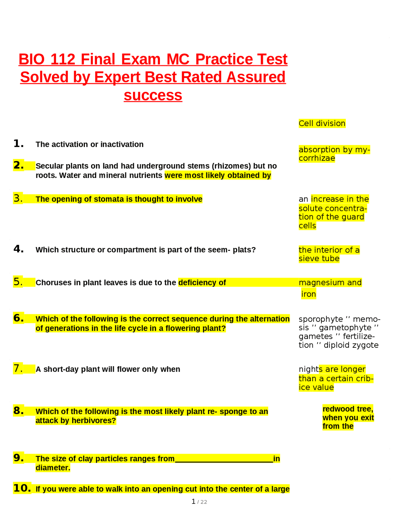 BIO 112 Final Exam MC Practice Test Solved by Expert Best Rated Assured ...