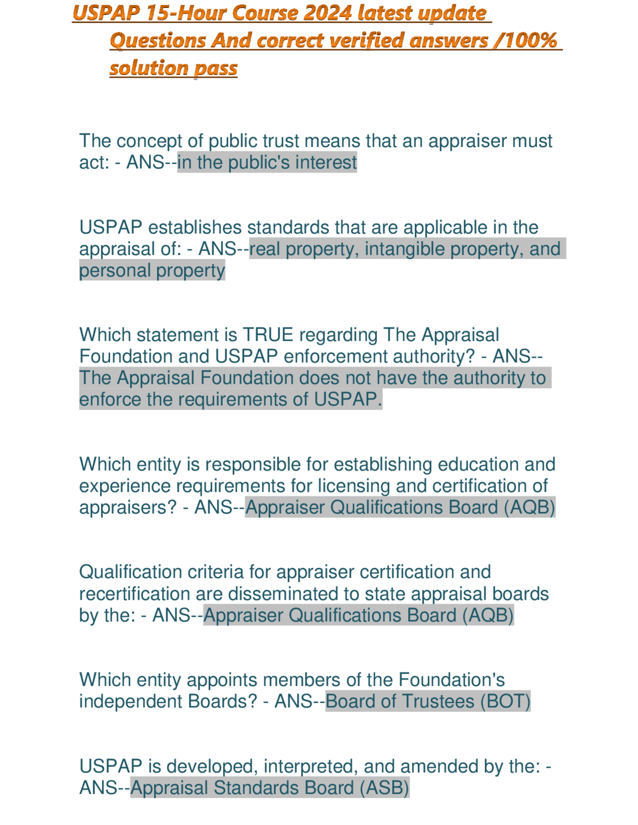 USPAP 15-Hour EXAM 2024 QUESTIONS AND ANSWERS ALREADY GRADED A+ | Exams ...