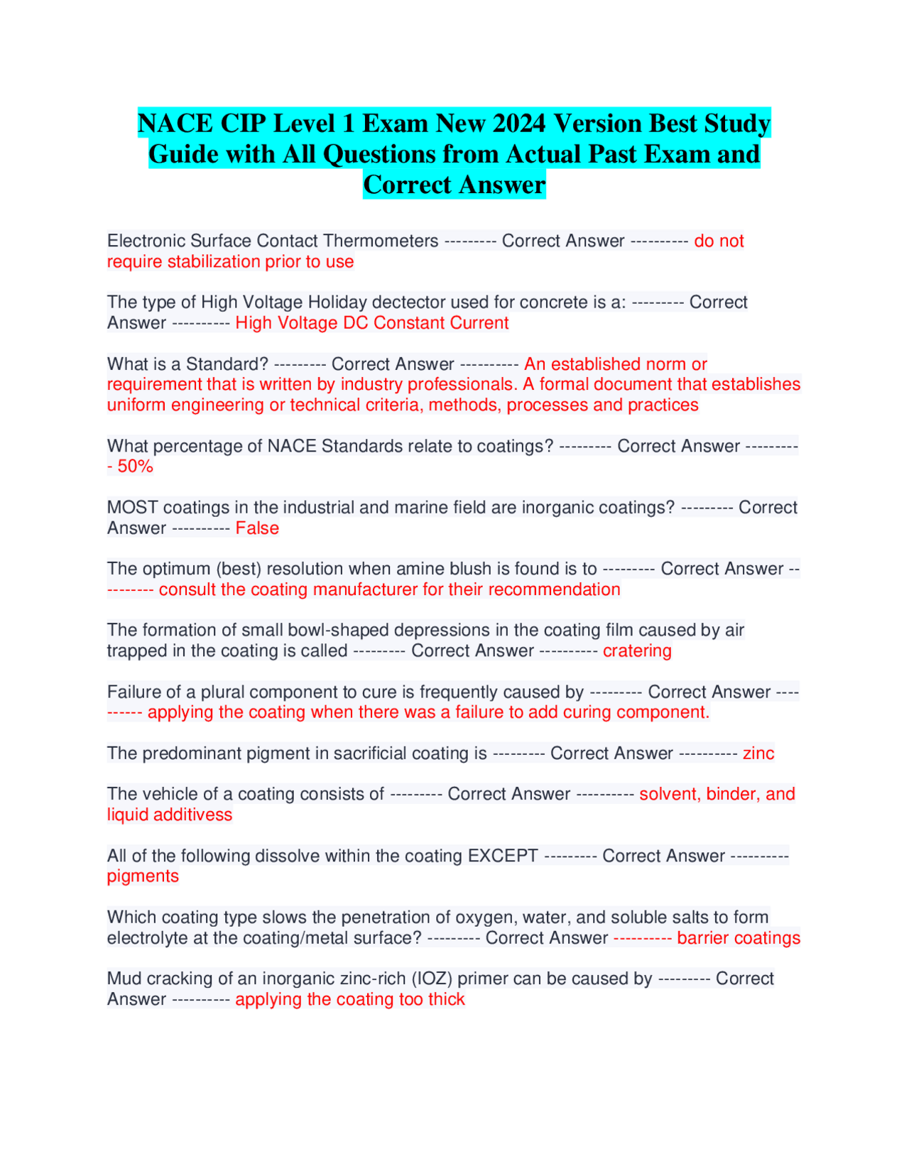 NACE CIP Level 1 Exam New 2024 Version Best Study Guide with All ...