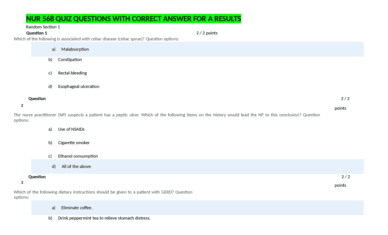 NUR 568 QUIZ QUESTIONS WITH CORRECT ANSWER FOR A RESULTS | Exams Nursing | Docsity
