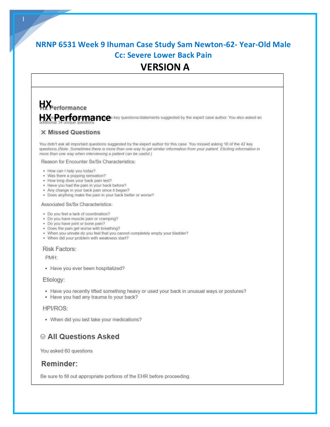 Case Study: Sam Newton - Acute Lower Back Pain | Exams Nursing | Docsity