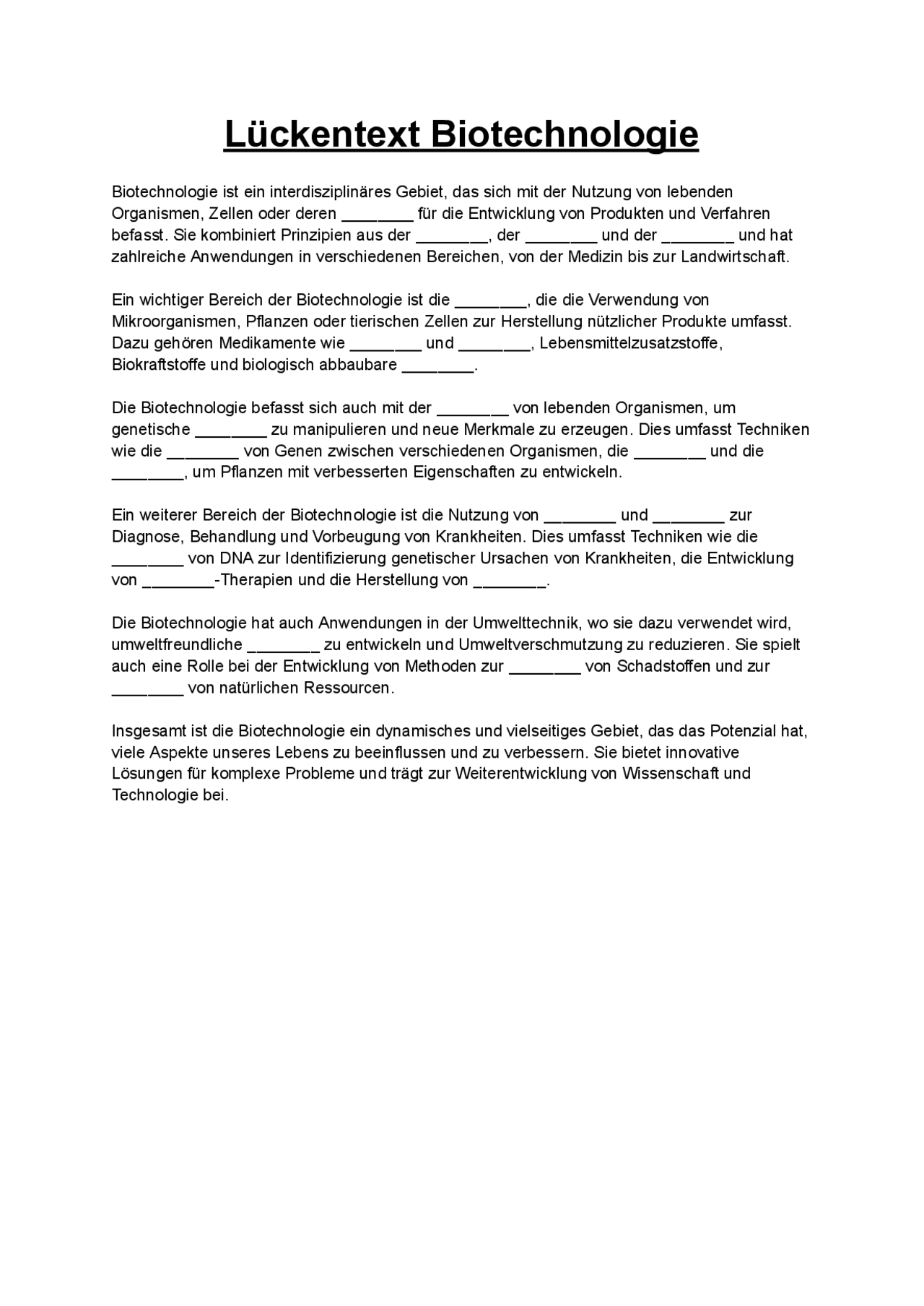 Lückentext Biotechnologie.pdf | Übungen Biologie | Docsity