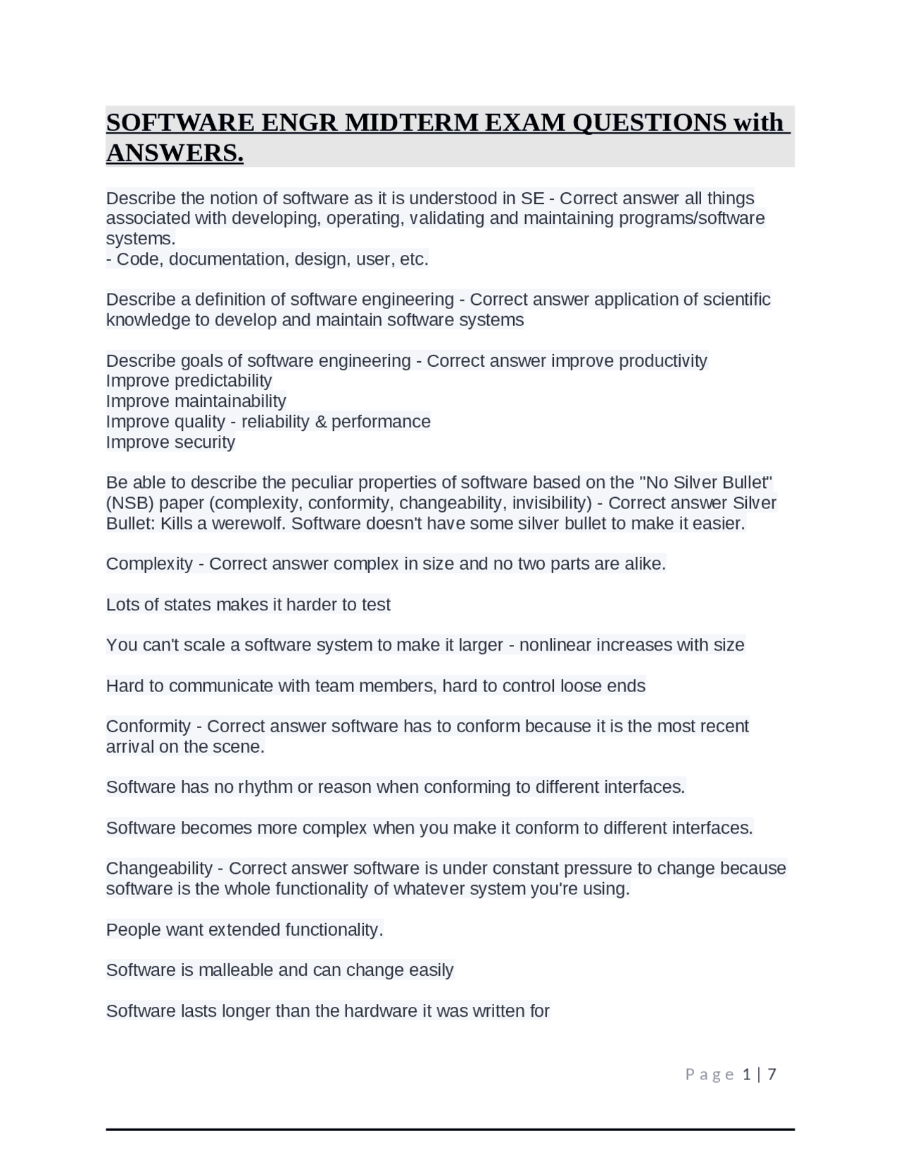 SOFTWARE ENGR MIDTERM EXAM QUESTIONS with ANSWERS. | Exams Software Engineering | Docsity