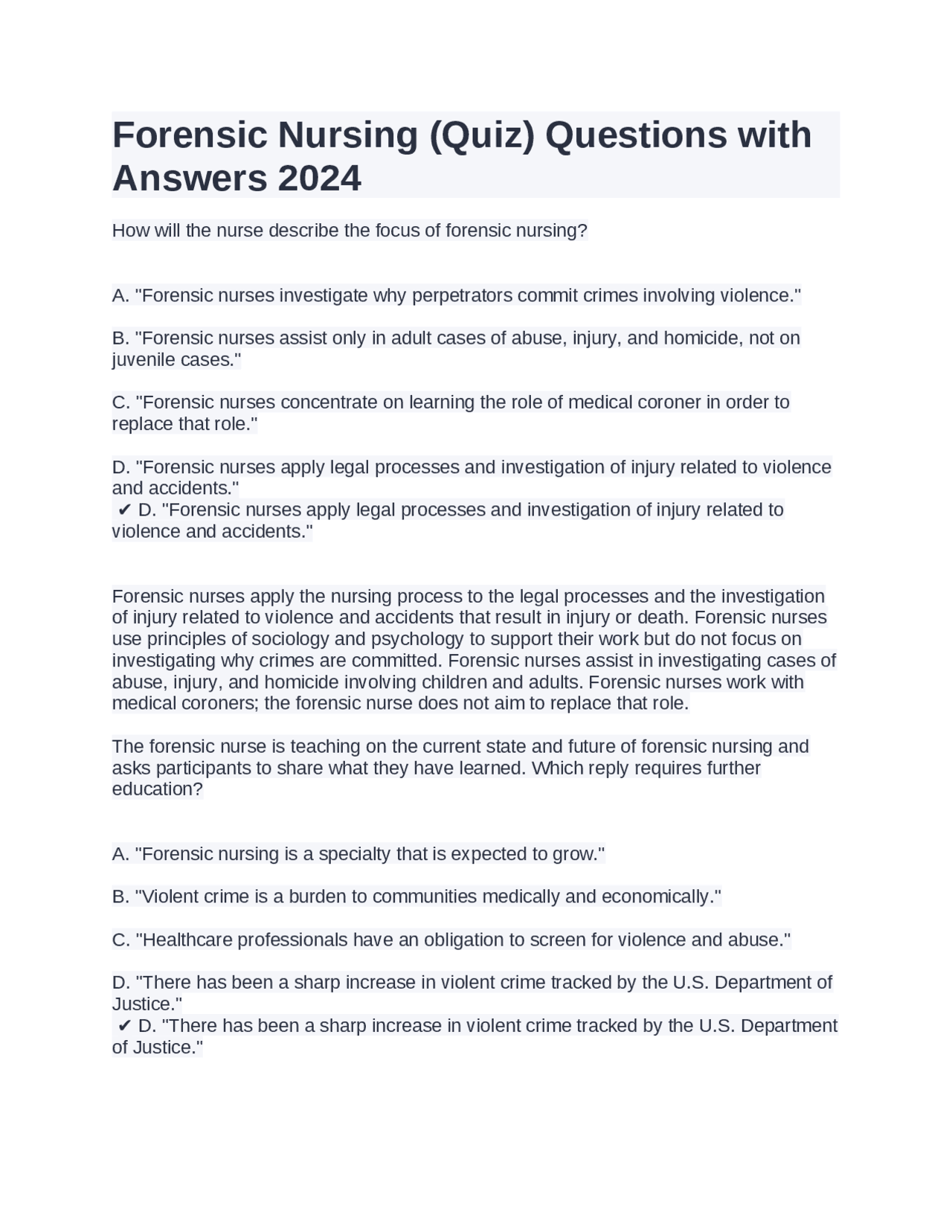 Forensic Nursing (Quiz) Questions with Answers 2024 | Exams Nursing ...