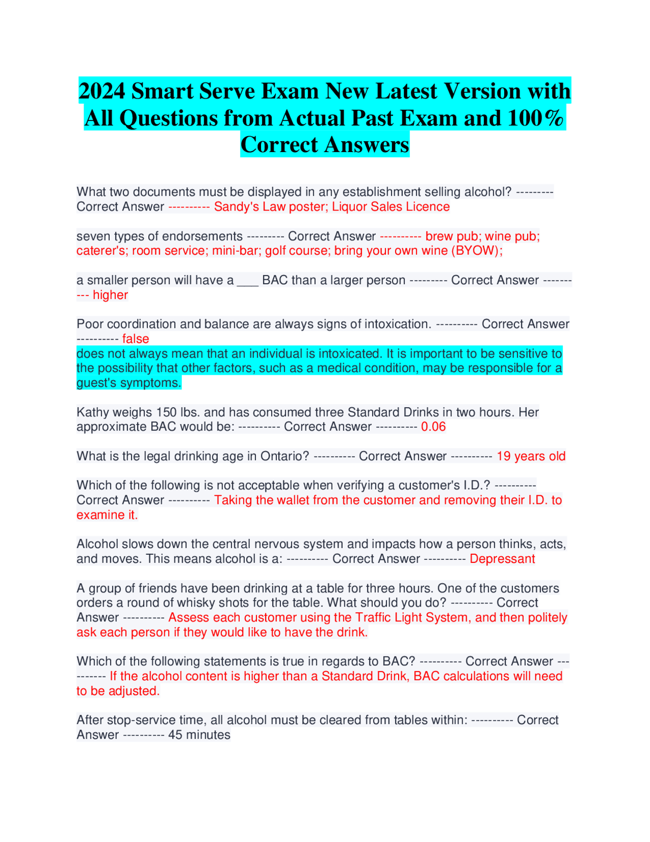 2024 Smart Serve Exam New Latest Version with All Questions from Actual ...