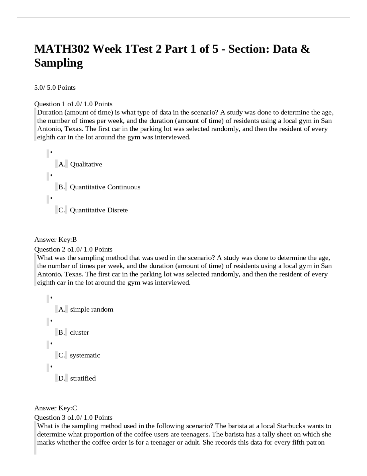 MATH302 Week 1Test 2 Part 1 of 5 - Section: Data & Sampling | Exams ...