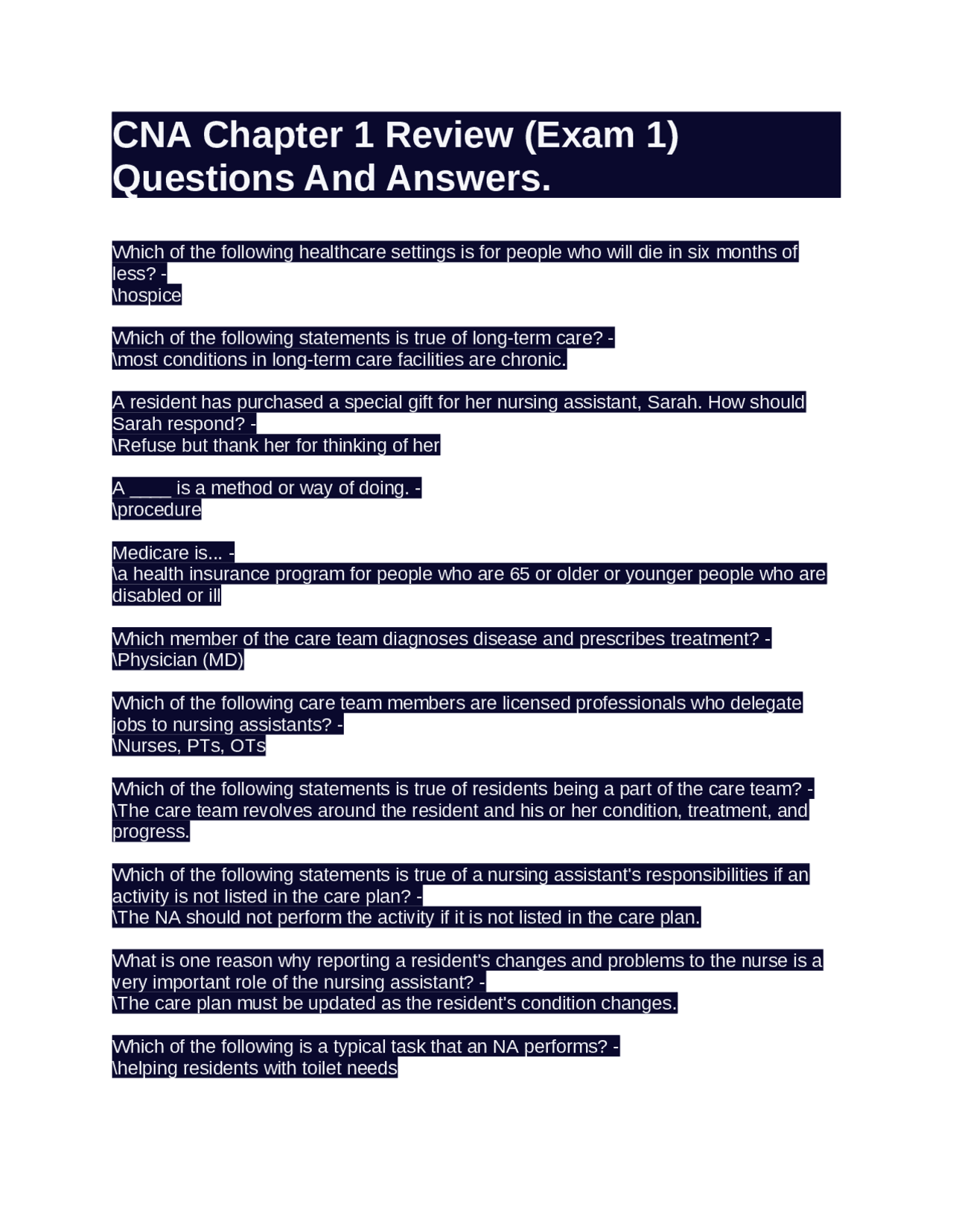 CNA Exam 1 Review: Healthcare Settings, Roles, and Responsibilities ...