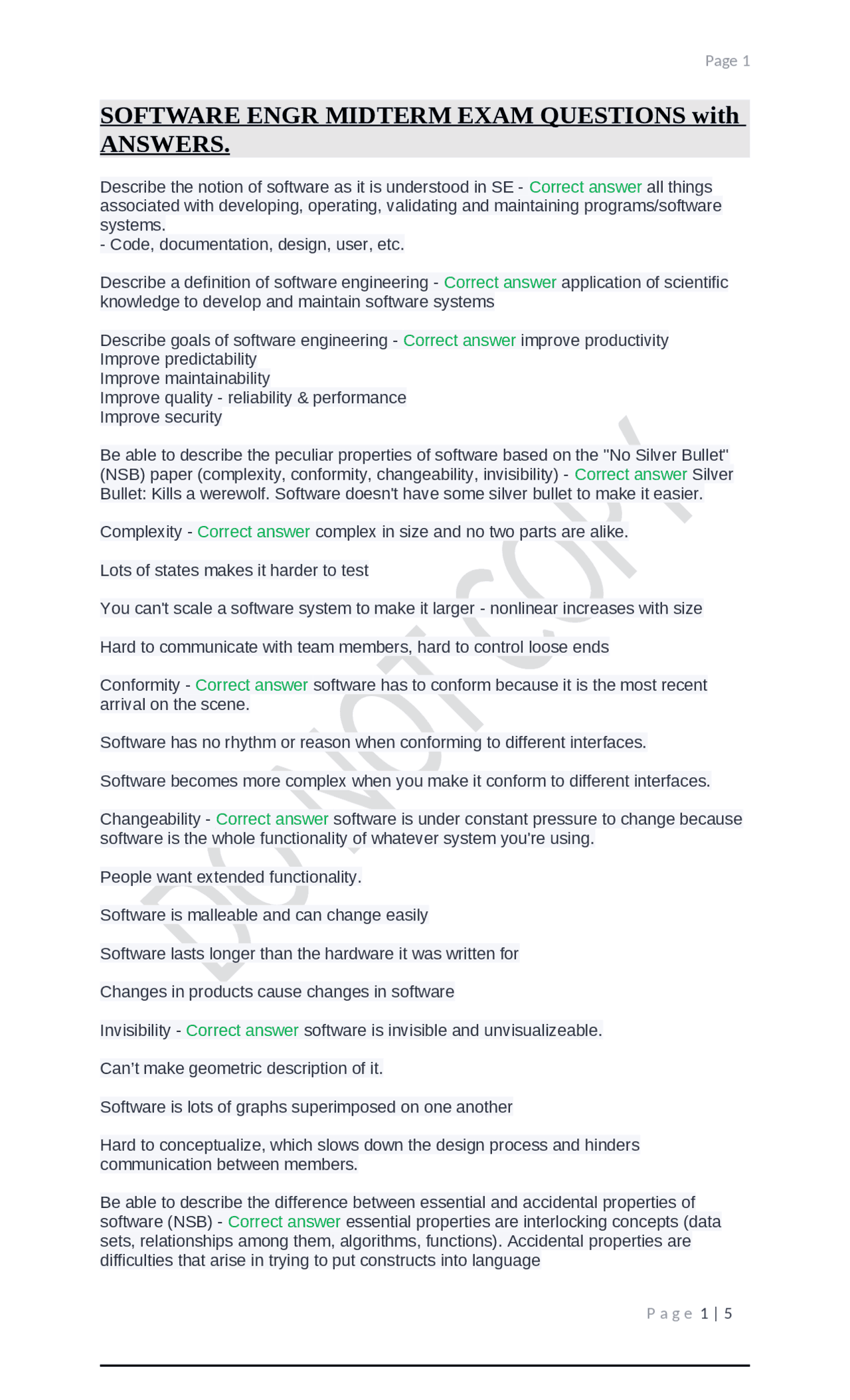 SOFTWARE ENGR MIDTERM EXAM QUESTIONS with ANSWERS. | Exams Software Engineering | Docsity