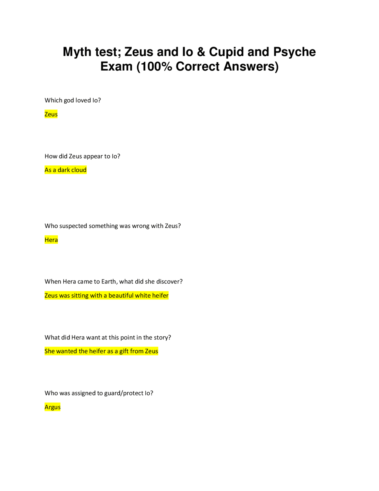 Mythology Exam: Zeus, Io, Cupid, Psyche and Related Myths | Exams ...