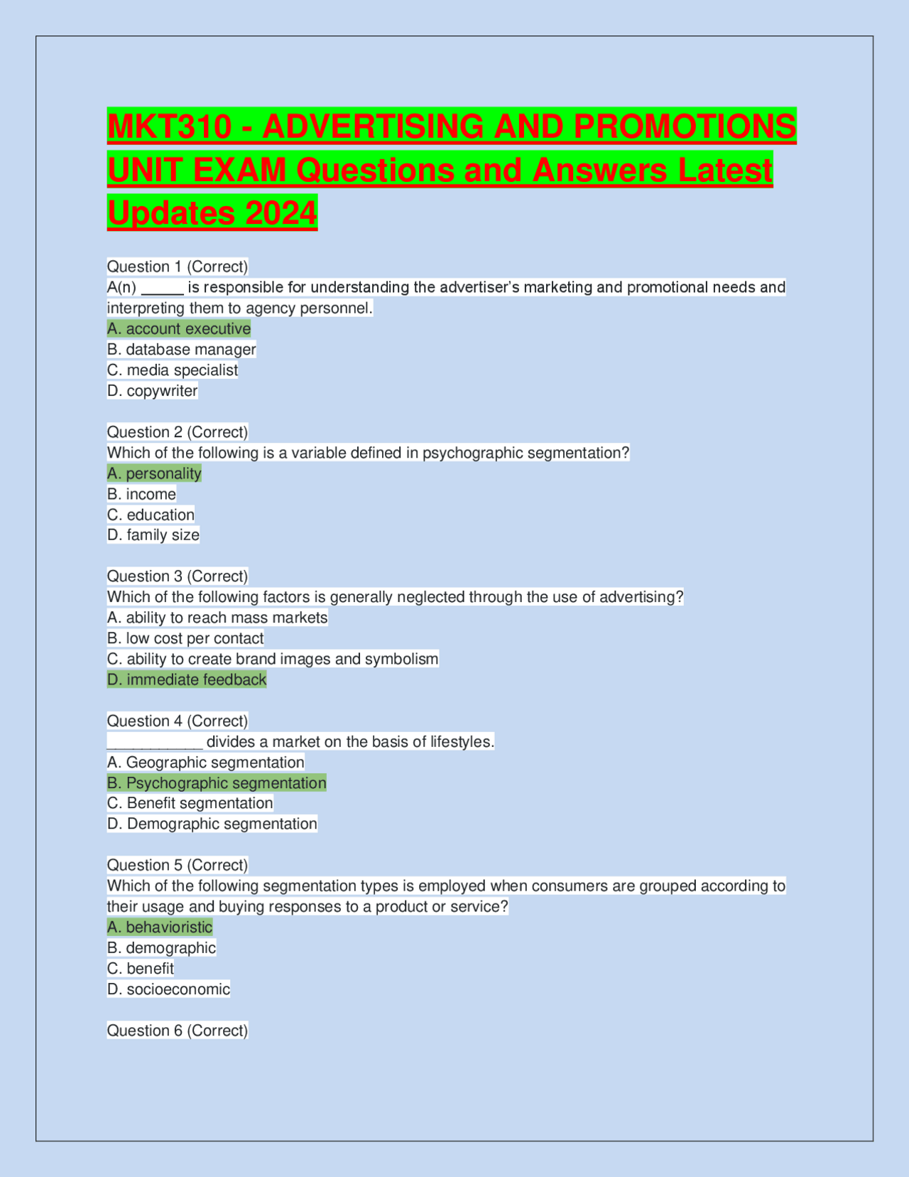 MKT310 - ADVERTISING AND PROMOTIONS UNIT EXAM Questions and Answers ...